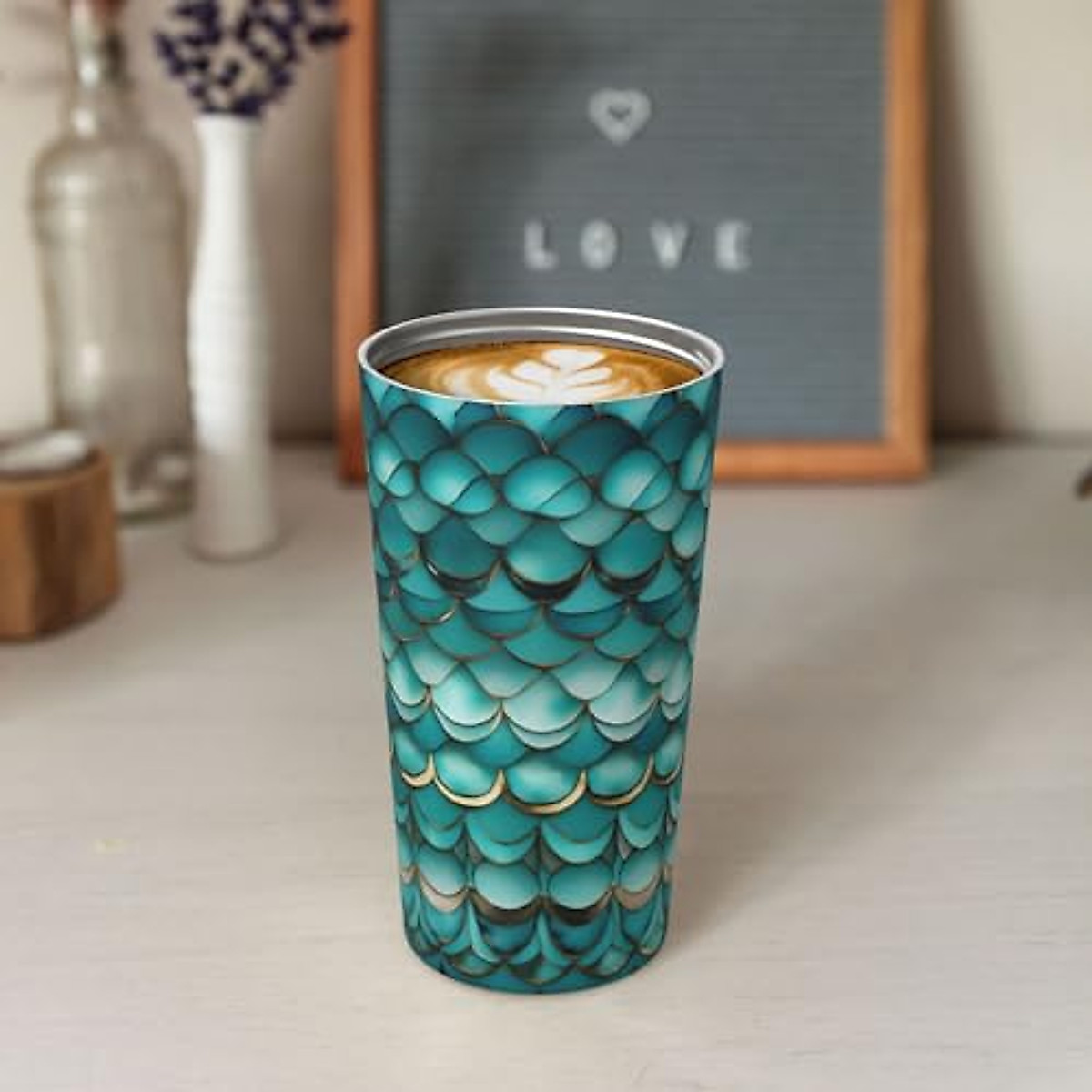 WANGZHAO Mermaid Teal Fish Scale Print Double Wall Stainless Steel Vacuum Insulated Tumbler Cup Home Thermal Cup