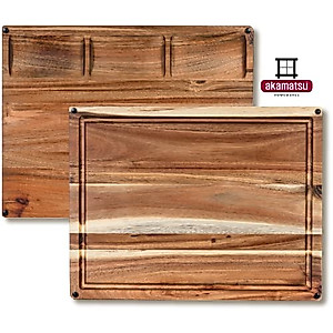 AKAMATSU HOMEWARES | RYOKAN Acacia Wood Cutting Board | Edge Grain XL Cutting Board with Deep Juice Well | 17x13.2x1" Charcuterie Board Serving Platter with Sorting Compartments | Sustainable Gift Box