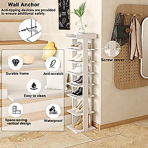 HOMEFORT 7-Tier Wood Shoe Rack, Entryway Shoe Tower,Vertical Shoe Organizer, Wooden Shoe Storage Stand(White)