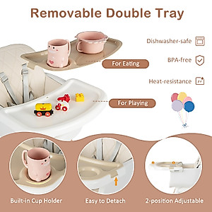 BABY JOY Baby High Chair, 6 in 1 Convertible Wooden High Chair for Babies & Toddlers with Adjustable Legs, Double Removable Tray, Safety Harness & Waterproof PU Cushion (Beige)