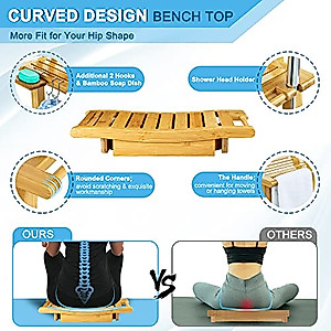 ETECHMART Bamboo Shower Bench with Back and Soap Dish, 2-Tier Shower Chair Bath Seat with Handle for Bathroom Bathtub Elderly Disabled, Waterproof Wood Spa Stool for Inside Shower Legs Shaving, Bamboo