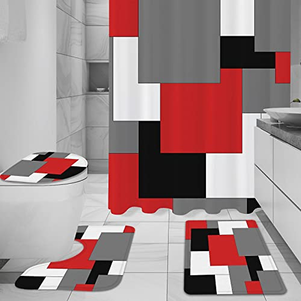 Gibelle 4 Pcs Geometric Red Shower Curtain Set with Non-Slip Rugs, Toilet Lid Cover and Bath Mat, Black Grey Modern Bathroom Decor Set with Shower Curtain and Rugs and Accessories