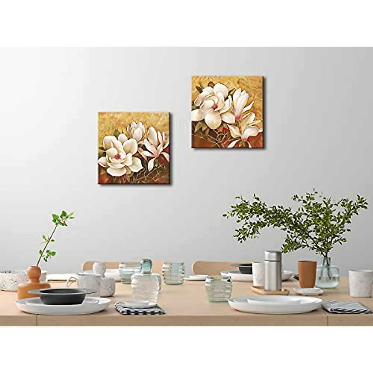Pyradecor Magnolia Flowers Modern 2 Piece Stretched Floral Canvas Prints Oil Paintings Artwork Style Brown Pictures on Canvas Wall art for Living Room Bedroom Home Decorations