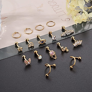 FUNRUN JEWELRY 16G Cartilage Earrings Stud Hoop for Women Stainless Steel Earrings Set Hypollergenic Helix Tragus Daith Forward Conch Piercing Jewelry(Gold)