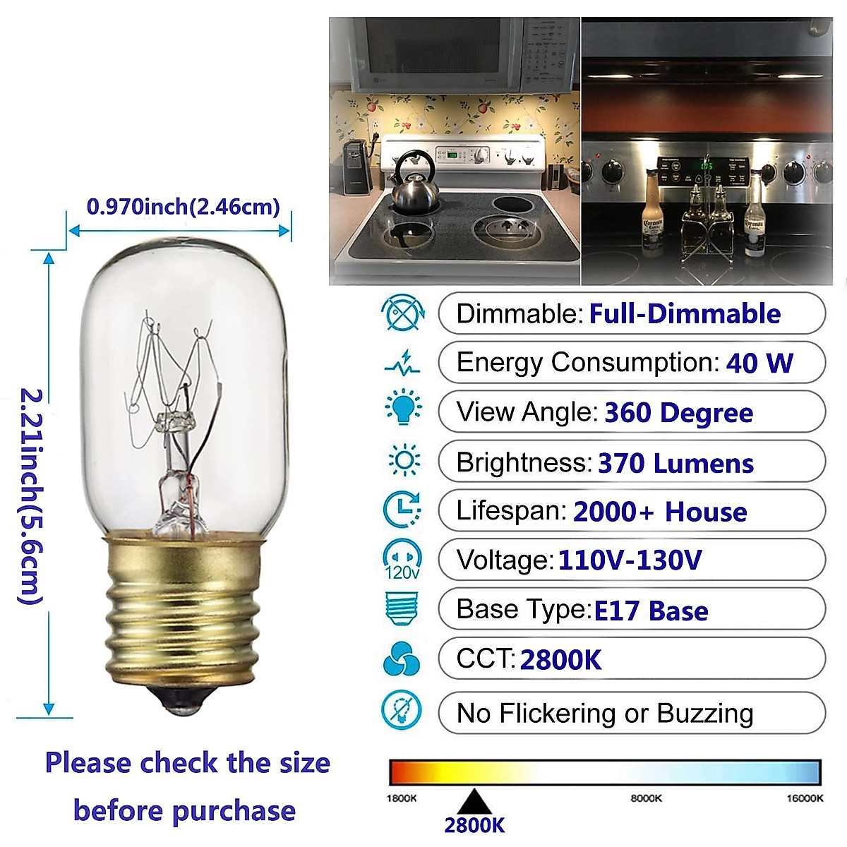 40 Watt Appliance Light Bulb,High Temp Resistance Microwave Oven Bulb, E17 Indicator Intermediate Base T8 Tubular Incandescent Light Bulbs,Dimmable (Pack of 8)
