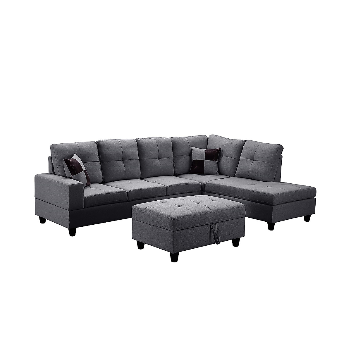 OPTOUGH Modern Fabric Sectional Sofa with Storage Ottoman and Right Chaise Lounge,Living Room Furniture Set L-Shape Couches w/ 2 Pillows, Gray