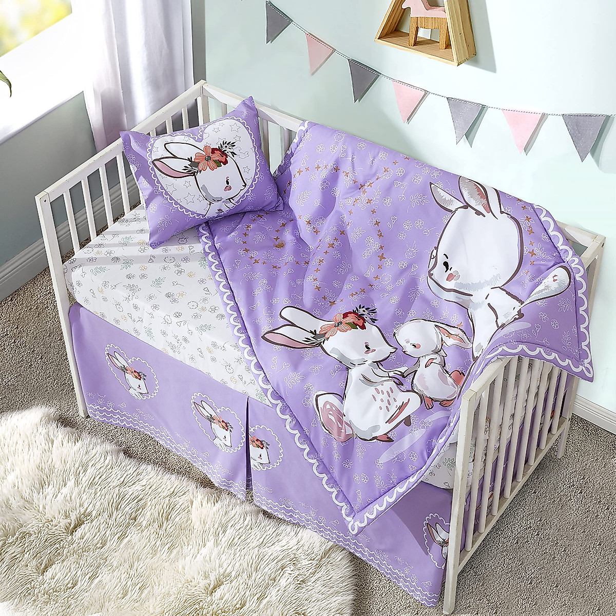 Little Grape Land 4 Piece Crib Bedding Set, Crib Sheet, Crib Skirt, Baby Quilt and Pillow Cover, Nursery Bedding Set, Baby Comforter Set for Toddler, Kids, Boys and Girls, Purple Rabbit