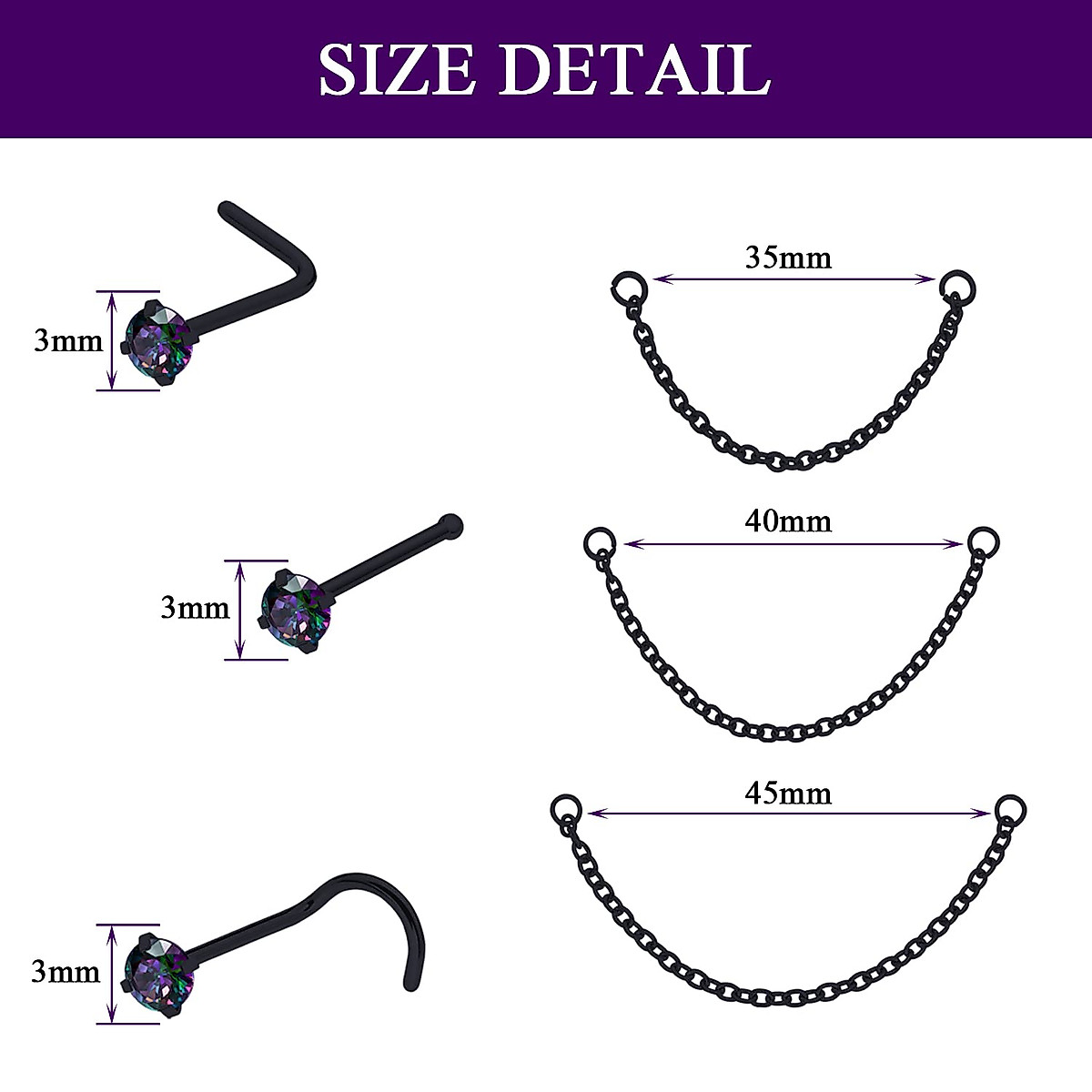 Nose Ring Chain Across Nose Black Stainless Steel Nostril Nose Piercing Chain with Cubic Zirconia Nose Screw Bone L-Shaped Ring for Women Body Piercing Nostril Jewelry with Bridge Chain