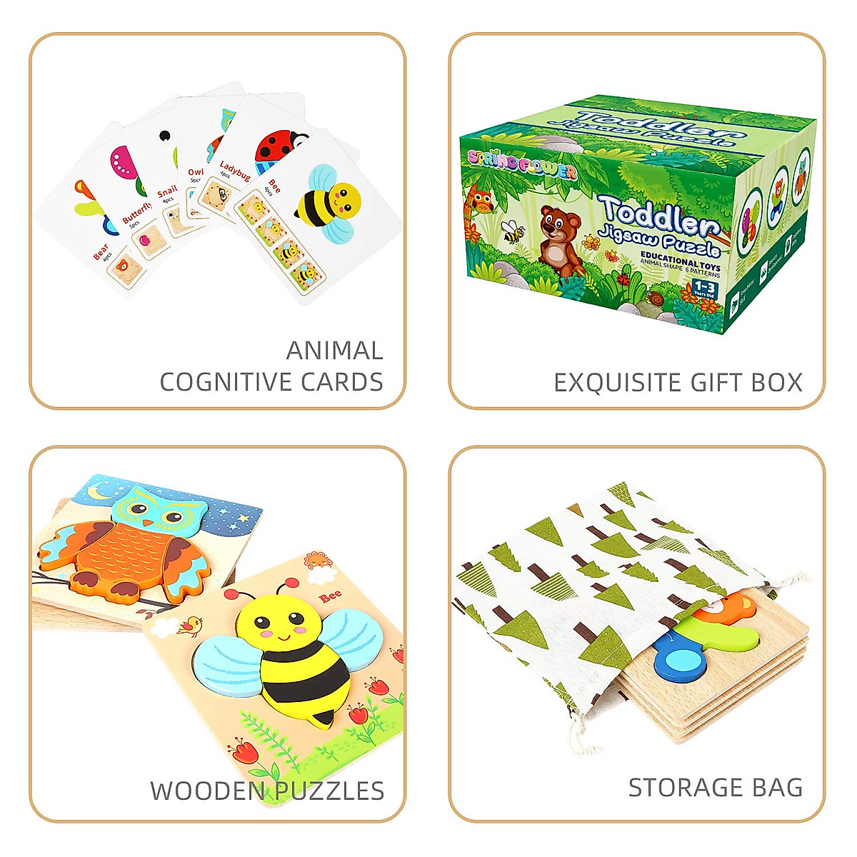 Springflower Wooden Toddler Jigsaw Puzzle Gift Toy for 1 2 3 Years Old Boys and Girls,6 Pack Animal Shape Montessori Toy for Infant,Toddler Sensory Toy,Fine Motor Skill Early Learning Educational Gift