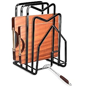 Suwimut Cutting Board Rack Holder, Flat Steel Chopping Board Organizer Stand Pot Pan Lids Rack Organizer for Kitchen Cabinet Countertop, 4.92x5.71x8.46 Inch (Black)