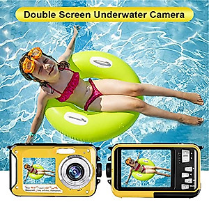 Waterproof Digital Camera Underwater Camera Full HD 2.7K 48 MP Video Recorder Selfie Dual Screens 16X Digital Zoom Flashlight Waterproof Camera for Snorkeling (Yellow)