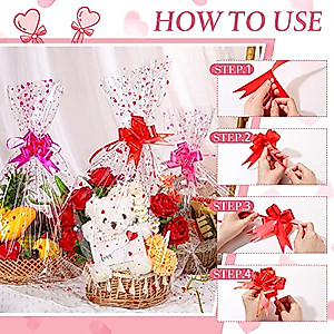 15 Pcs Clear Basket Bags Valentine Heart Printed Cellophane Basket Bags and with 15 Pcs Pull Bows, 22.8 x 28 Inches Gift Wrapping Supplies Cookie Bags for Dolls Gifts Candy Crafts Fruits