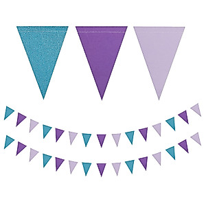 Mermaid Party decorations Pennant Banner - 2 Pack Glitter Purple Blue Under The Sea Paper Triangle Flags Garland, Little Mermaid Theme Girls Birthday Wedding Baby Shower Party Bunting Panduola