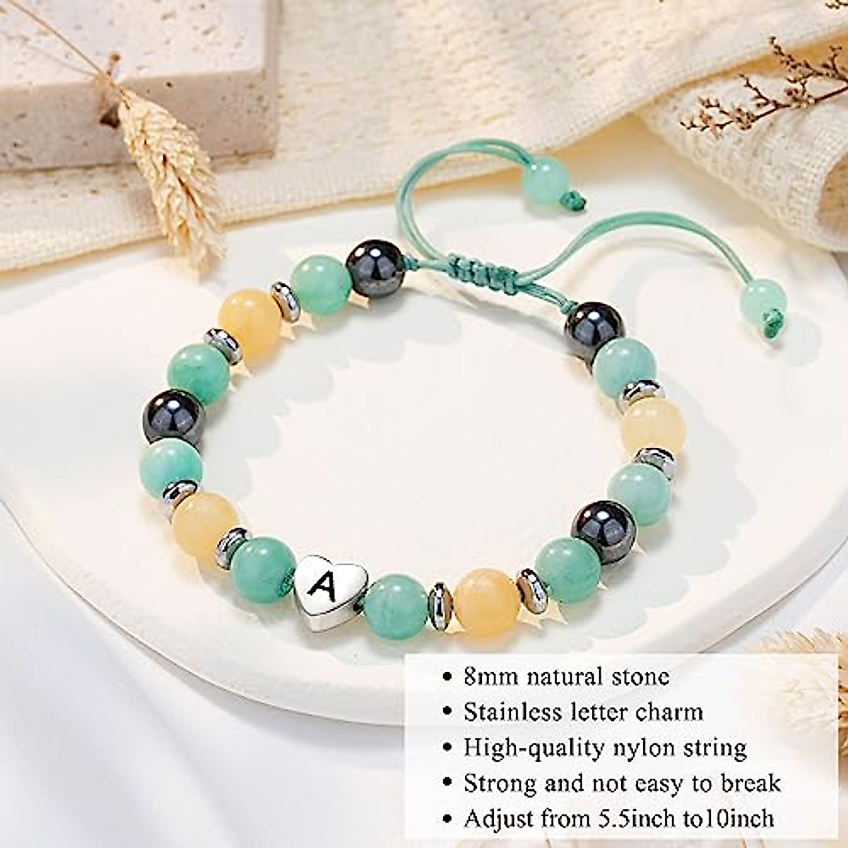 UNGENT THEM Initial Charm Natural Stone Bracelet for Granddaughter Niece, Birthday Valentines' day Christmas Gifts for Girls, Nylon, Cubic Zirconia