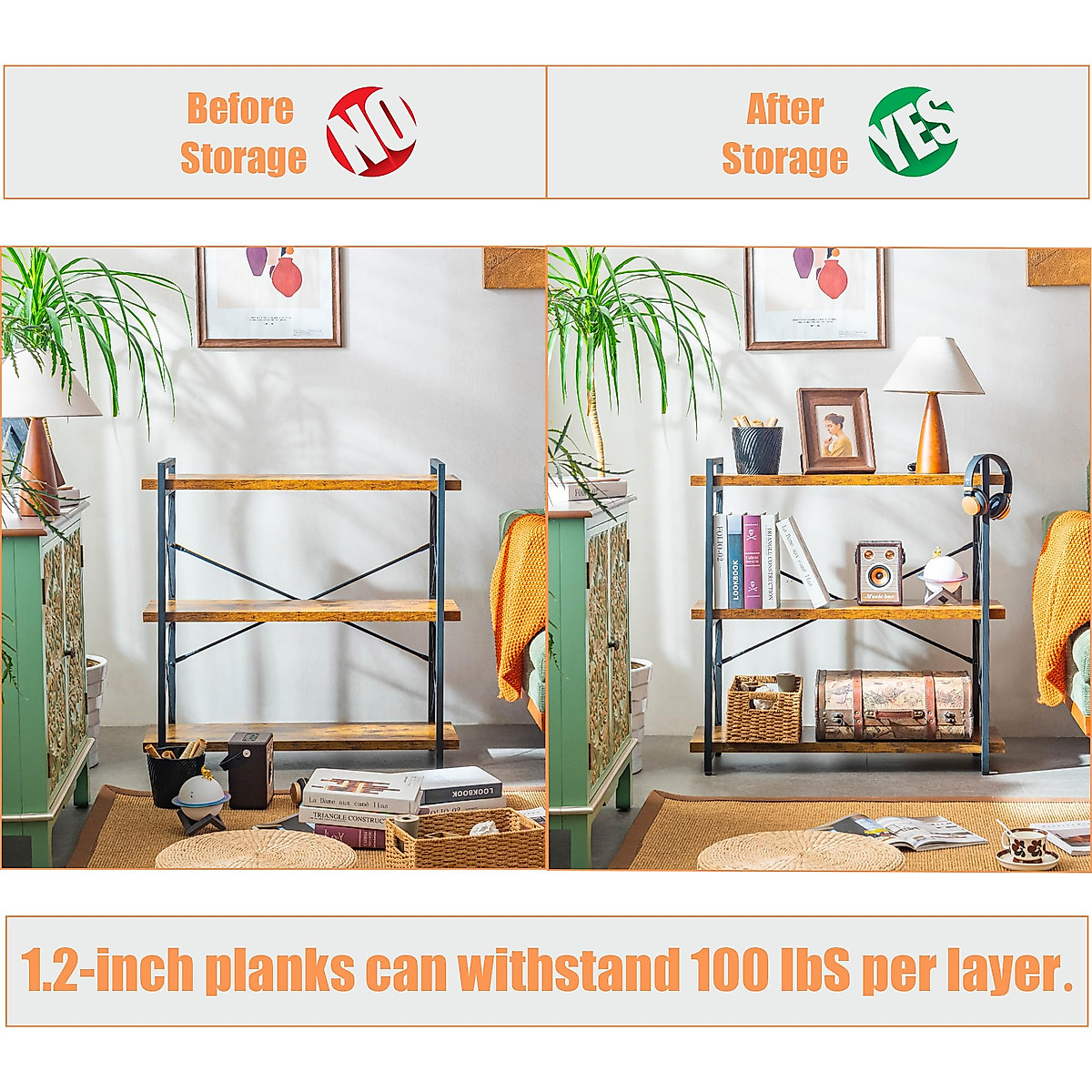 BCLOUDNEST Bookshelf, 3 Tier Book Shelf, Industrial Bookcase for Living Room, Home Office and Kitchen