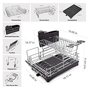 MAJALiS Dish Drying Rack and Drainboard Set, 2 Tier Large Dish Rack with Swivel Spout, Stainless Steel Dish Drainer for Kitchen Counter with Wine Glass Holder and Extra Drying Mat