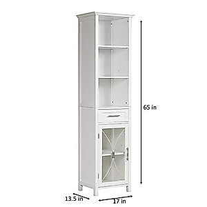 Teamson Home Delaney Wooden Freestanding Floor Linen Cabinet with 1 Drawer 3 Adjustable Shelves 6 Storage Spaces and 1 Tempered Glass-Paneled Door, White