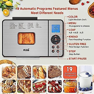 KBS Automatic 19 in 1 Bread Machine, 2LB Bread Maker with Fully Stainless, Dough Maker, 3 Crust Colors & 3 Loaf Sizes, 15H Timer and 1H Keep Warm Setting, Recipes and Oven Mitt…