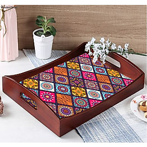Mandala Printed Wood Serving Tray with Handles, Wooden Serving Tray, Snack Tray, Breakfast Tray, Great for, Breakfast, Coffee Tables, Homes, Restaurant Size- 15" x 10" x 1.75"