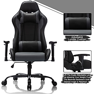 Reclining Gaming Chair - Adjustable Back Angle and Arms High Back PU Leather E-Sports Racing Gamer PC Computer Desk Swivel Office Chair - Grey