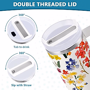 Vacuum Coldee Tumbler 40 oz with Lid and Straw Spring Cute Colorful Florals White Metal Water Bottle Wide Mouth To Go Coffee Mug for Women Men Him Her