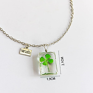 Dried Leaves Lucky 4-Leaf Clover Sunflower Pendant Necklace St. Patrick's Day Square round Glass Love and Luck Plant Jewelry for Women Gift-Clover