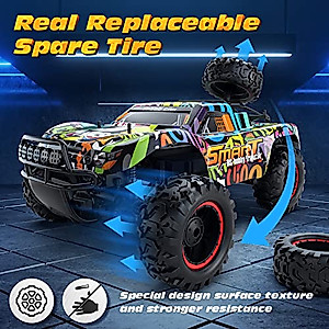 O WOWZON 1:12 Scale Short-Course RC Truck Large 4WD Hobby Crawler Grade Replaceable Spare Tire All Terrains Monster Crawler 2 Rechargeable Batteries for Age 6+ Boys Kids and Adults