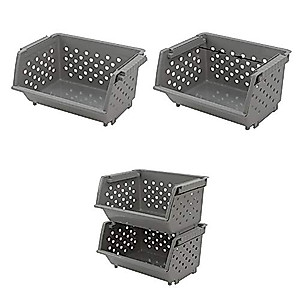 Callyne Gray Plastic Stacking Organizer Basket, Stackable Storage Basket, Set of 3