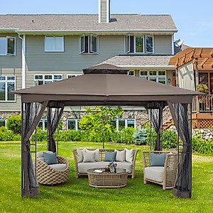 HAPPATIO 10' X 12' Patio Gazebo with Ventilation Double Roof, Outdoor Gazebo with Mosquito Netting for Lawn, Garden (Dark Brown)