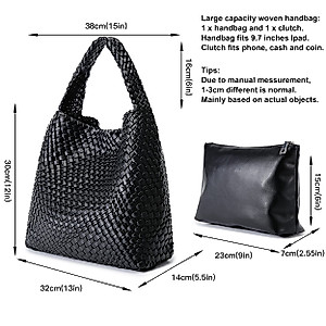 Fashion Woven Purse for Women Top-handle Shoulder Bag Soft Summer Hobo Tote Bag (Black)