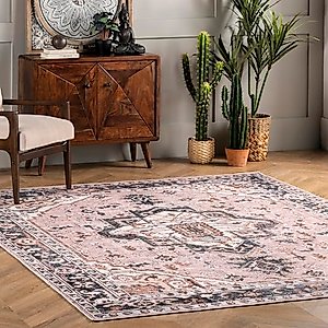 nuLOOM Sasha Machine Washable Medallion Ultra Thin Area Rug, 3' x 5', Pink