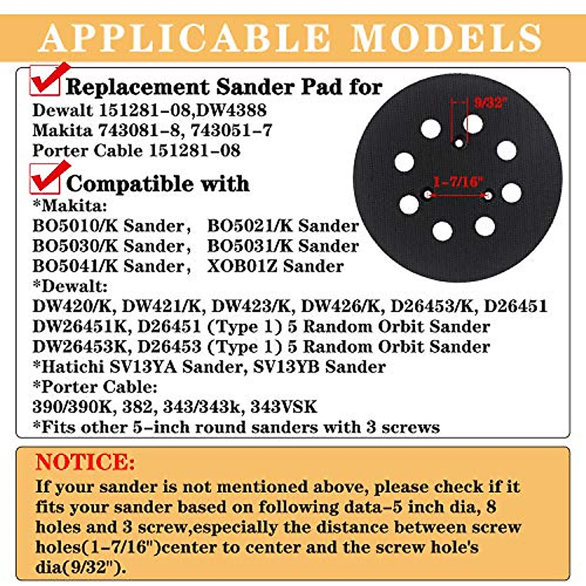 AxPower 4 Packs 5 inch 8 Hole Replacement Sander Pads 5" Hook and Loop Sanding Backing Plates for Makita 743081-8 743051-7, DeWalt 151281-08 DW4388, Porter Cable, Hitachi 324-209