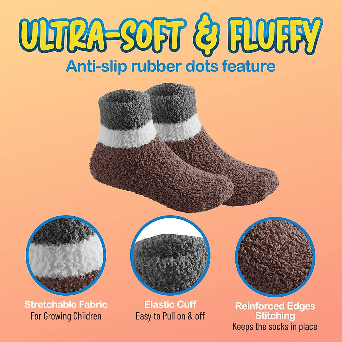 Debra Weitzner 6 Pairs Warm Fuzzy Socks for Kids with Grippers - Non Skid Slipper Socks for Toddlers - Dark Two Tone 6-10 Yr