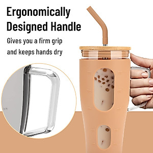 Zukro 40 oz Glass Tumbler with Handle and Wide Straw, Drinking Cup With Bamboo Lid For Water, Iced Coffee, Time Marker to Dink, Large Smoothie Cup with Silicone Sleeve, BPA Free, Fit Cupholder, Khaki