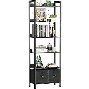 Furologee 6-Tier Bookshelf, Tall Bookcase with 2 Drawers Storage Organizer, Industrial Display Free Standing Shelf Units, Wood and Metal Storage Rack for Home Office, Bedroom, Black Oak
