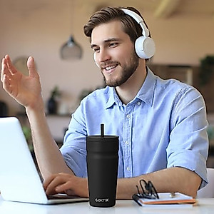 COKTIK 20oz Insulated Tumbler with Lid and Straw 2 Lids (Straw/Flip) Iced Coffee Cup Reusable Stainless Steel Travel Mug Water Bottle Cupholder Friendly for Women Men Her Him (Black)