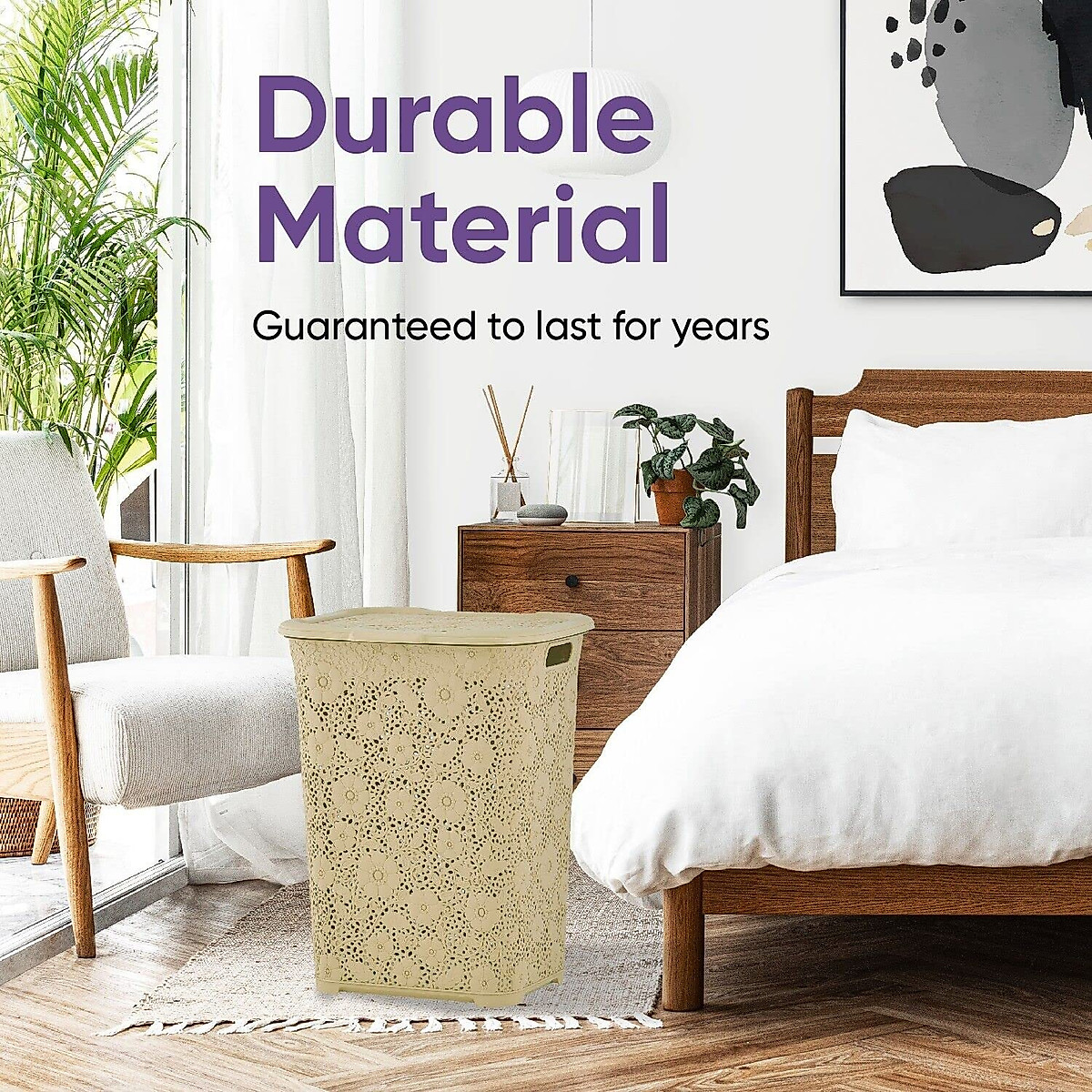 Superio Laundry Hamper with Lid Lace Design 50 Liter – 2 Pack Laundry Hamper Basket with Cutout Handles, Rectangular Shape Modern Style Bin -Dirty Cloths Storage (Beige 2 Pack)