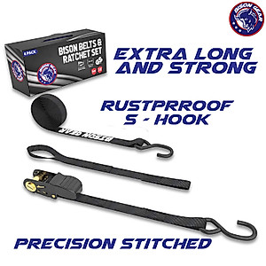 Ratchet Tie Down Straps 20ft 4 Pack by Bison Gear® UV Resistant 2200lb Heavy Duty Cargo Straps with Ergonomic Rubber Grips & Coated Deep S Hooks - Safety Standards Certified (Black)