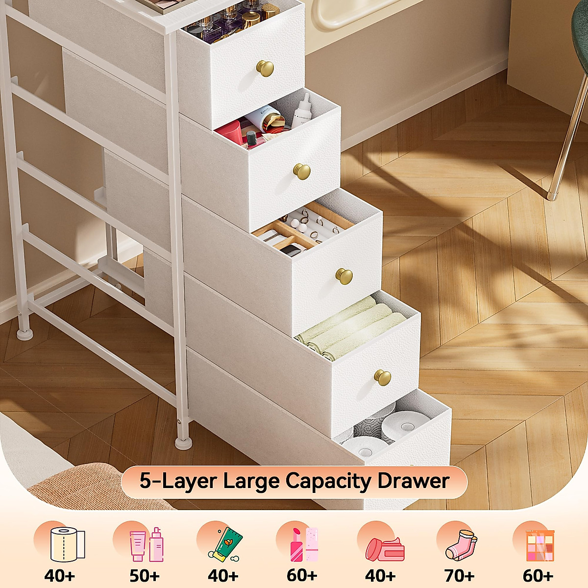 YIPPPPE Narrow Dresser Vertical Skinny Dresser, Tall Narrow Night Stand with 5 Drawers, Slim Chest of Drawers, Metal Pull Handle, for Small Spaces Closet Dorm Bedroom Bathroom Office Laundry, White