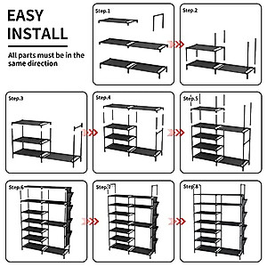 Kottwca 7 Tiers Shoe Rack Metal Shoe Organizer for Entryway Closet, 24-28 Pairs Stackable Shoe and Boots Shelf Storage Cabinet with Hooks and Side Hanging Pockets for Bedroom, Garage, Black