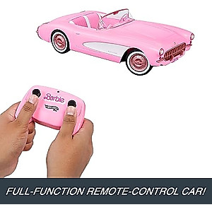 Hot Wheels RC Barbie Corvette, Battery-Operated Remote-Control Toy Car from Barbie The Movie, Holds 2 Barbie Dolls, Trunk Opens for Storage
