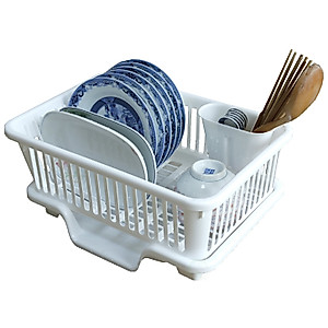 Basicwise Plastic Dish Rack with Drain Board and Utensil Cup