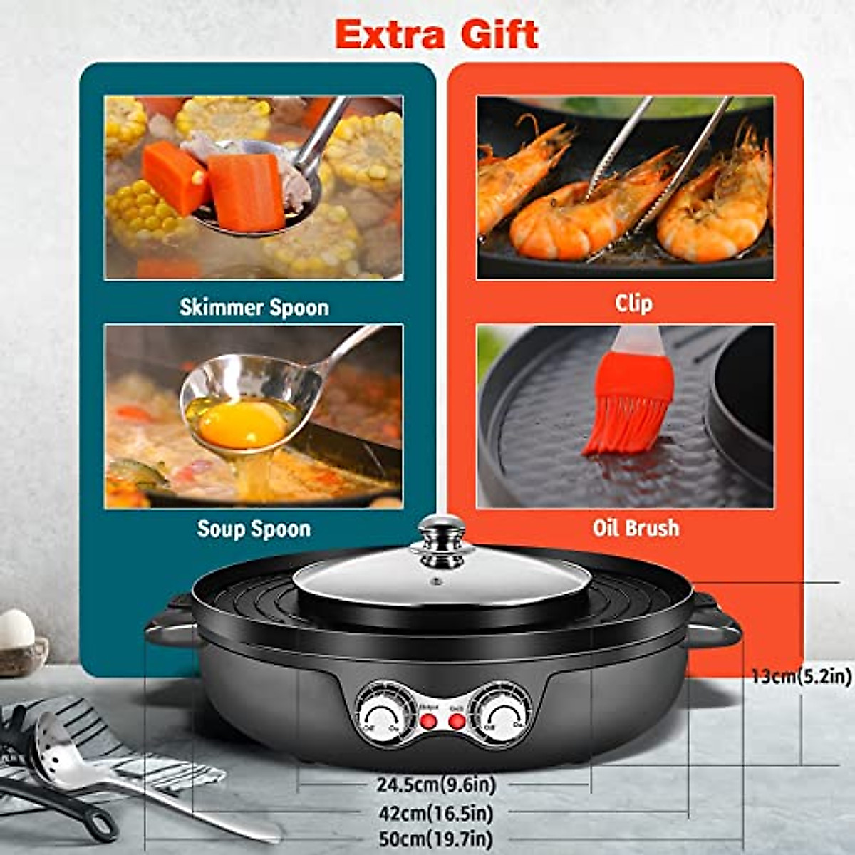 Hot Pot with Grill, 2000W 2 in 1 Electric Hot Pot Grill Cooker with Dual Temperature Control for 1-8 People, Multi-function Smokeless Shabu Korean BBQ Grill for Simmer, Boil, Fry, Roast (Black)