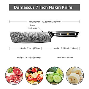 Sunnecko Damascus Kitchen Knife Japanese Nakiri Knife 7 Inch Cooking Knife Vg-10 High Carbon Stainless Steel with G10 Handle