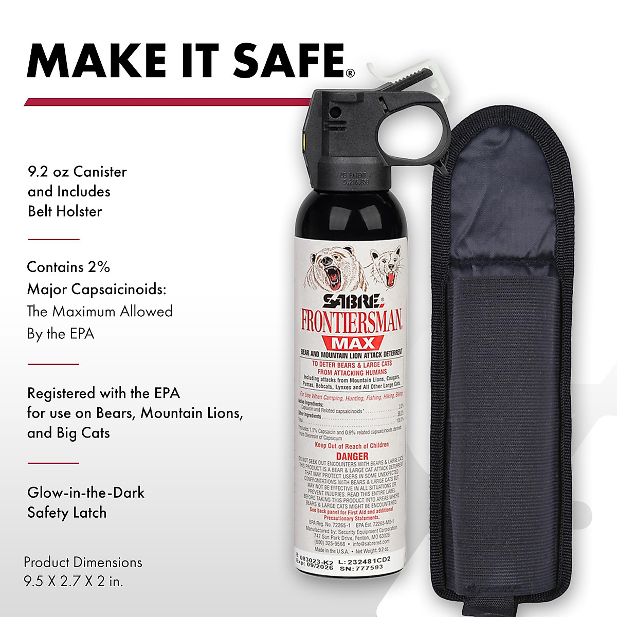 SABRE Frontiersman MAX 9.2 fl oz. Bear & Mountain Lion Attack Deterrent, Up to 40 ft Range, Contains 2% Major Capsaicinoids, Safer for You, Animals & The Environment, Glow-in-The-Dark Safety