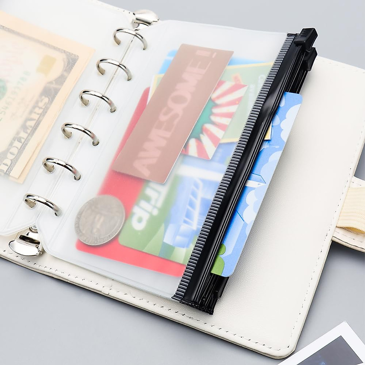 Mogoostry A7 Zipper Pockets 12PCS 6 Holes Binder Pockets Black Zipper Cash Envelopes Pocket A7 Loose-Leaf Zipper Binder Pouch Bag for 6-Ring Journal Budget Folder