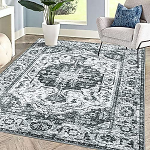 Fashionwu Vintage Area Rug Waterproof Heavy-Duty Rug Non-Slip Stain Resistant Carpet Non-Shedding Persian Distressed Boho Area Rug for Living Room Bedroom Kitchen, 8' x 10' Grey
