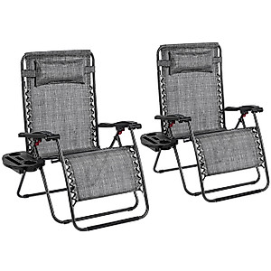 Yaheetech 29inch Zero Gravity Chairs w/Pillows & Cup Holder & Carry Strap Outdoor Patio Adjustable Foldable Reclining Lounge Recliners for Lawn Poolside Beach Gray/2