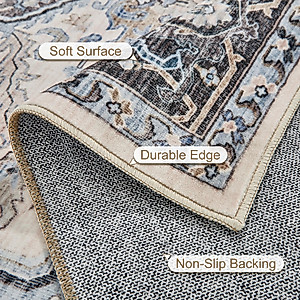 Area Rug Living Room Rugs - 8x10 Soft Machine Washable Oriental Persian Floral Distressed Rug Large Indoor Floor Carpet for Bedroom Under Dining Table Home Office Decor - Cream Blue