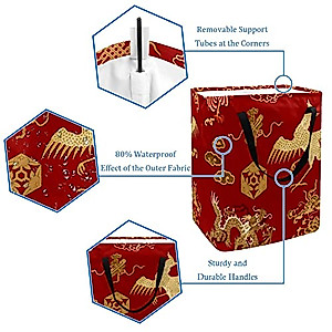 Chinese Traditional Paper-Cut Art Print Collapsible Laundry Hamper, 60L Waterproof Laundry Baskets Washing Bin Clothes Toys Storage for Dorm Bathroom Bedroom